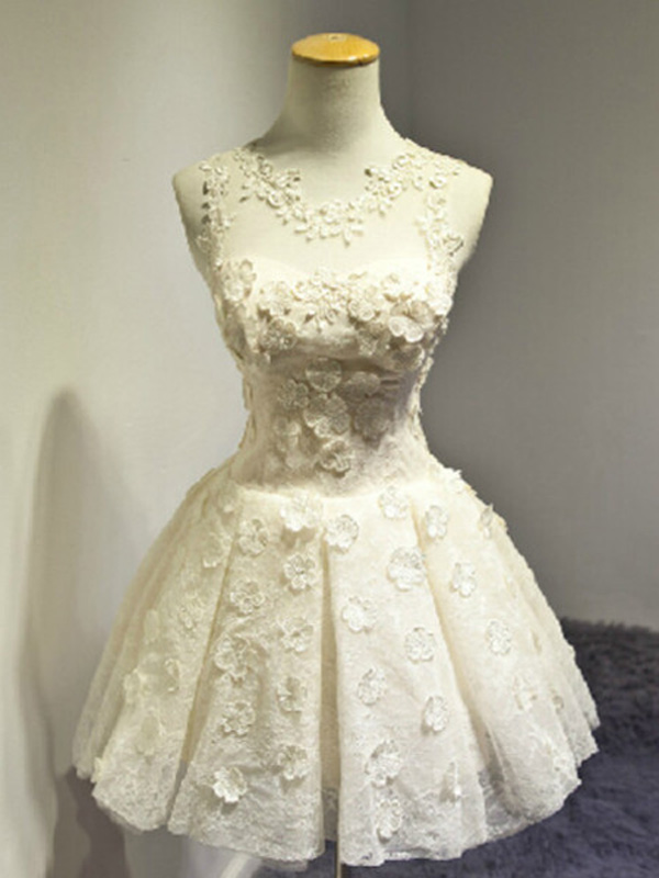 Prom Dresses Short,White A-line Scoop Short Mini Tulle Homecoming Dress ...