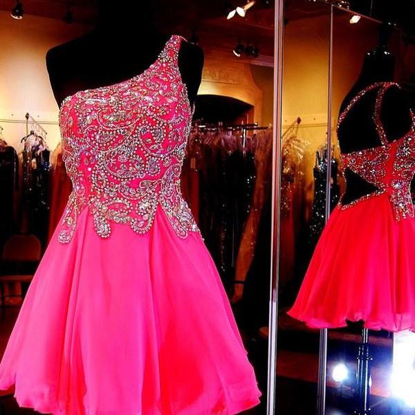 Country Prom Dresses,peach A-line One Shoulder Rhinestone Homecoming ...