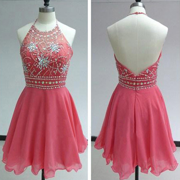 Halter Prom Dresses,watermelon A-line Halter Short Mini Chiffon ...