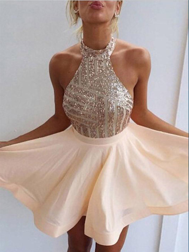 A-line Halter Champagne Short Prom Dress Homecoming Dresses With ...
