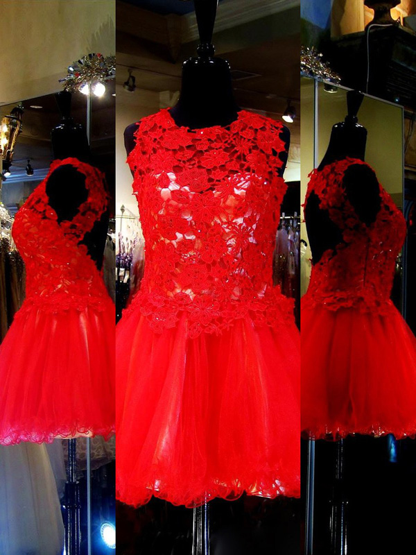 Red Prom Dresses,red A-line Scoop Sleeveless Short/mini Tulle ...