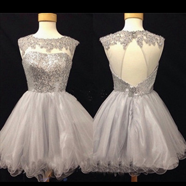 Open Back Short Prom Dresses,silver A-line Scoop Short Mini Tulle ...